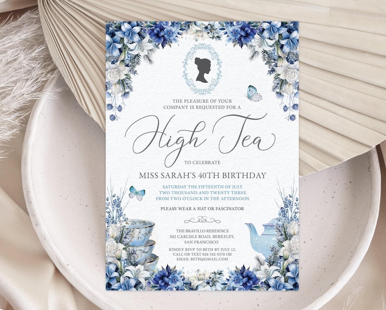 High Tea Invitation, Regency Cameo, Blue Flowers, Teapot, Butterflies ...