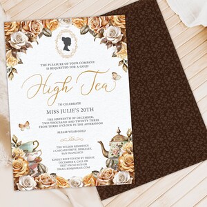 Gold Brown Rose Flower High Tea Invitation, 5 X 7, Bridgerton Style ...