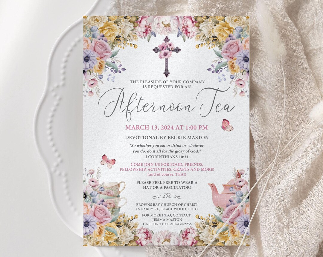 5 X 7 Afternoon Tea Church Event Invite With Pastel Flowers, Devotional ...