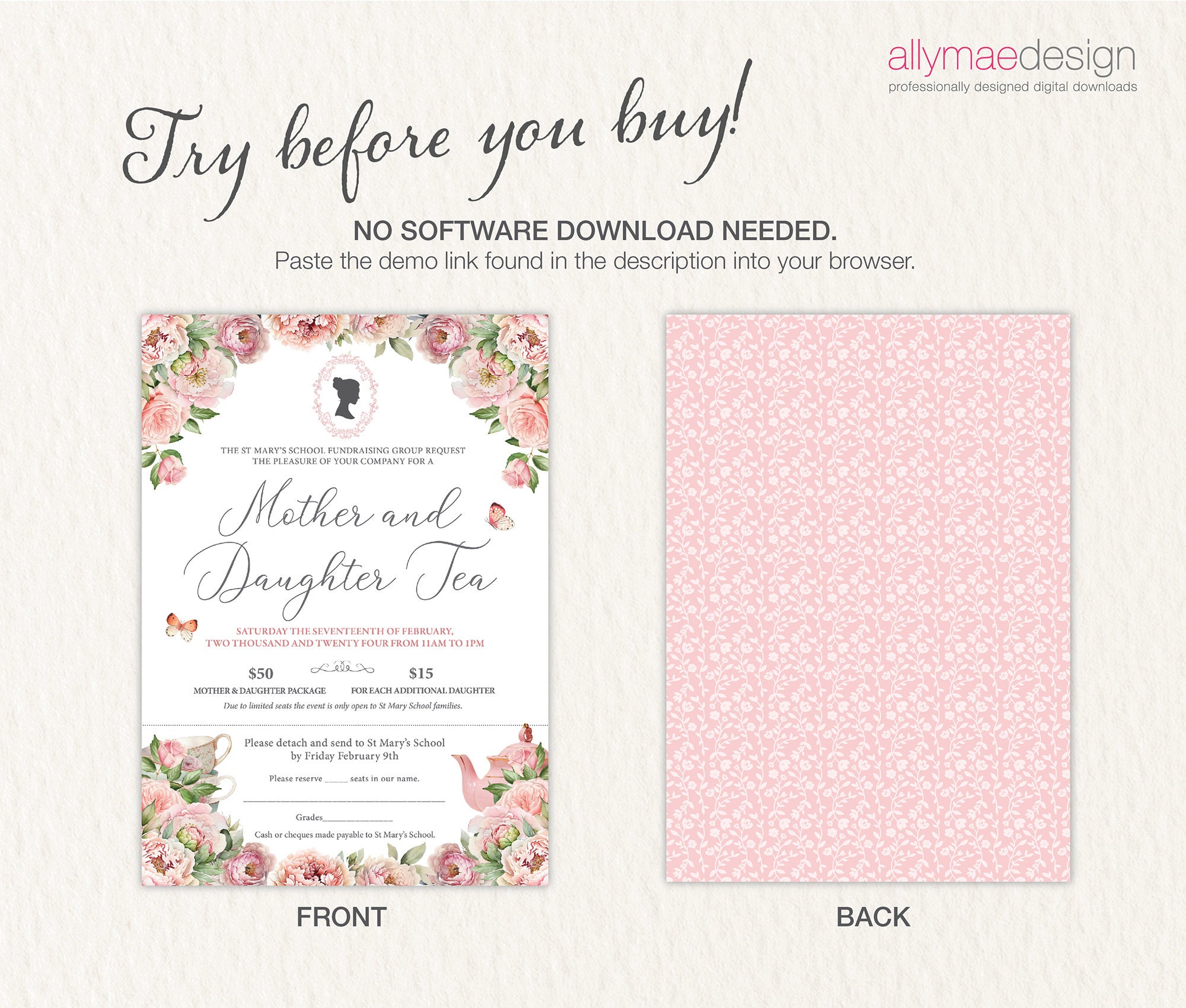 5 X 7 Mother & Daughter Tea Blush Pink Event Flyer With Tear off Return ...