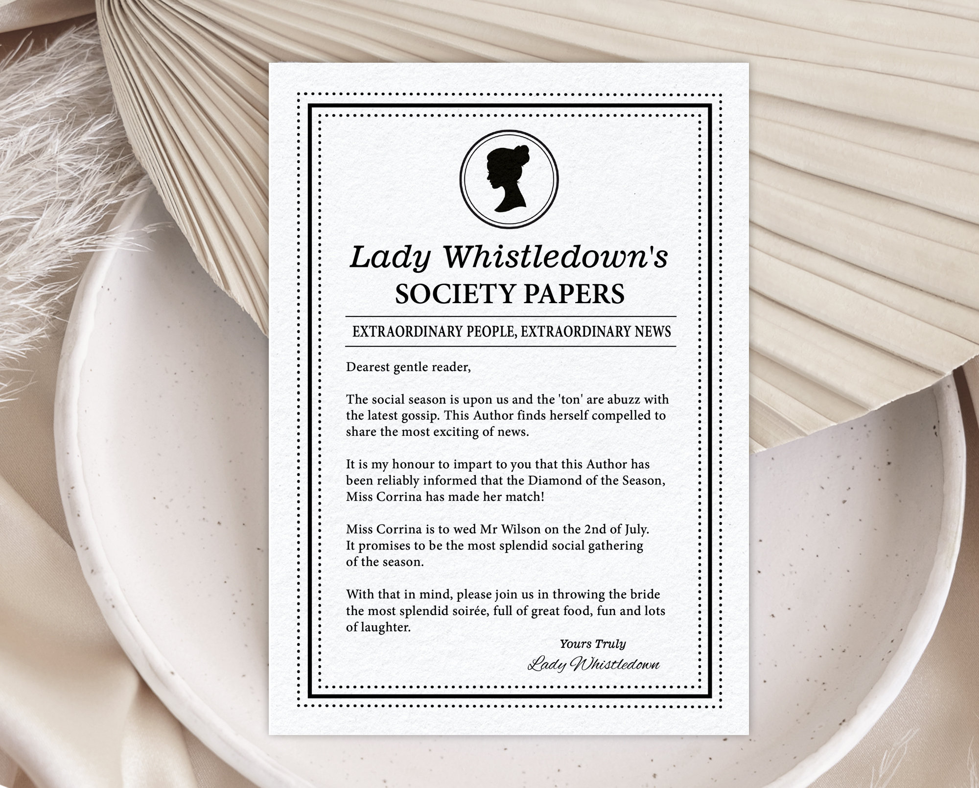 5 X 7 Bridal Shower Lady Whistledown or Wedding Announcement, Dearest ...