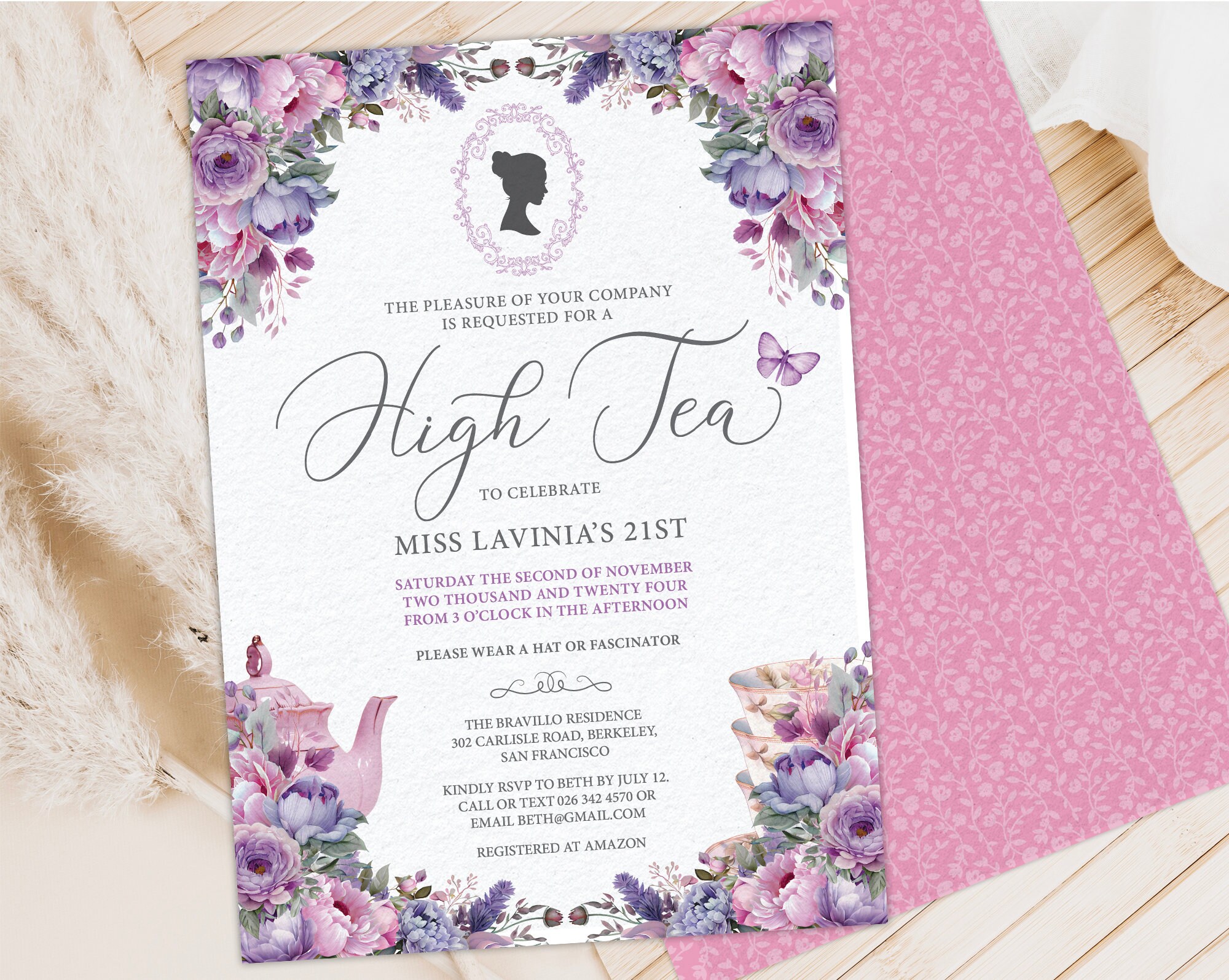 5 X 7 Bridgerton High Tea Invitation With Pink & Purple Flowers, Cameo ...