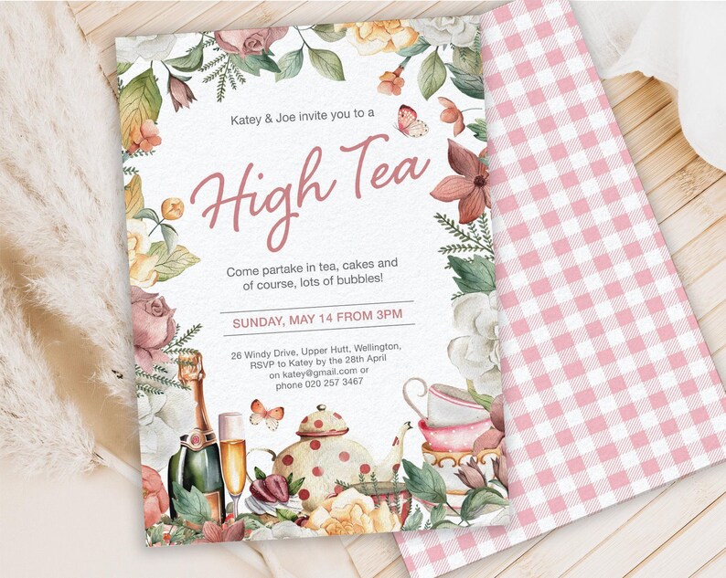 Floral Border High Tea Party Invitation: Champagne, Teapot, Butterflies ...