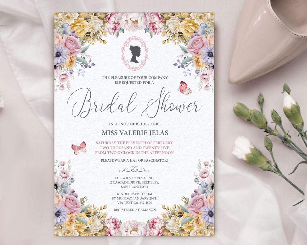 5 X 7 Bridal Shower Invitation With Bridgerton Style Cameo, Pastel ...
