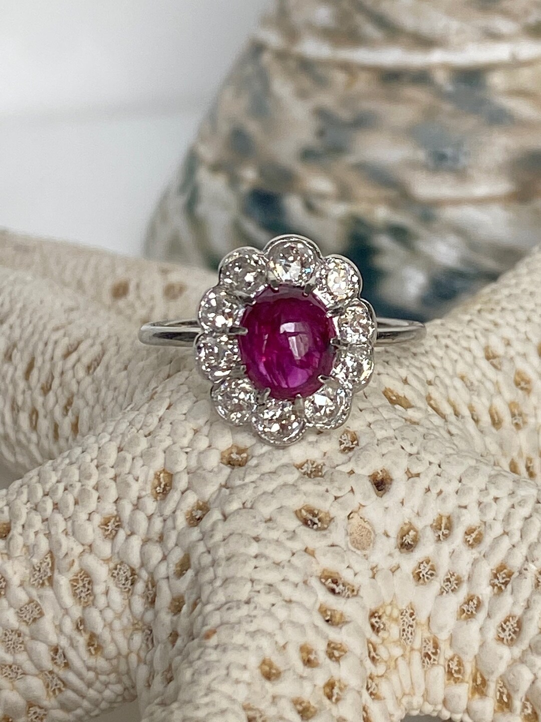 Victorian Ruby Cabochon Center Stone With Old Mine Cut Diamond Halo in ...