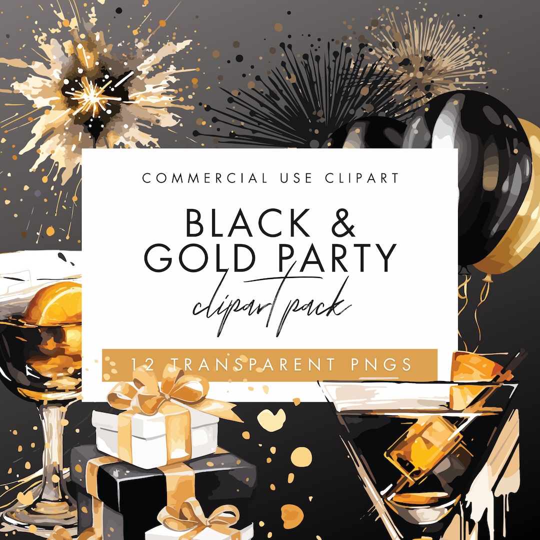 Black and Gold Party Downloadable Clipart Pngs Gouache Elements New ...