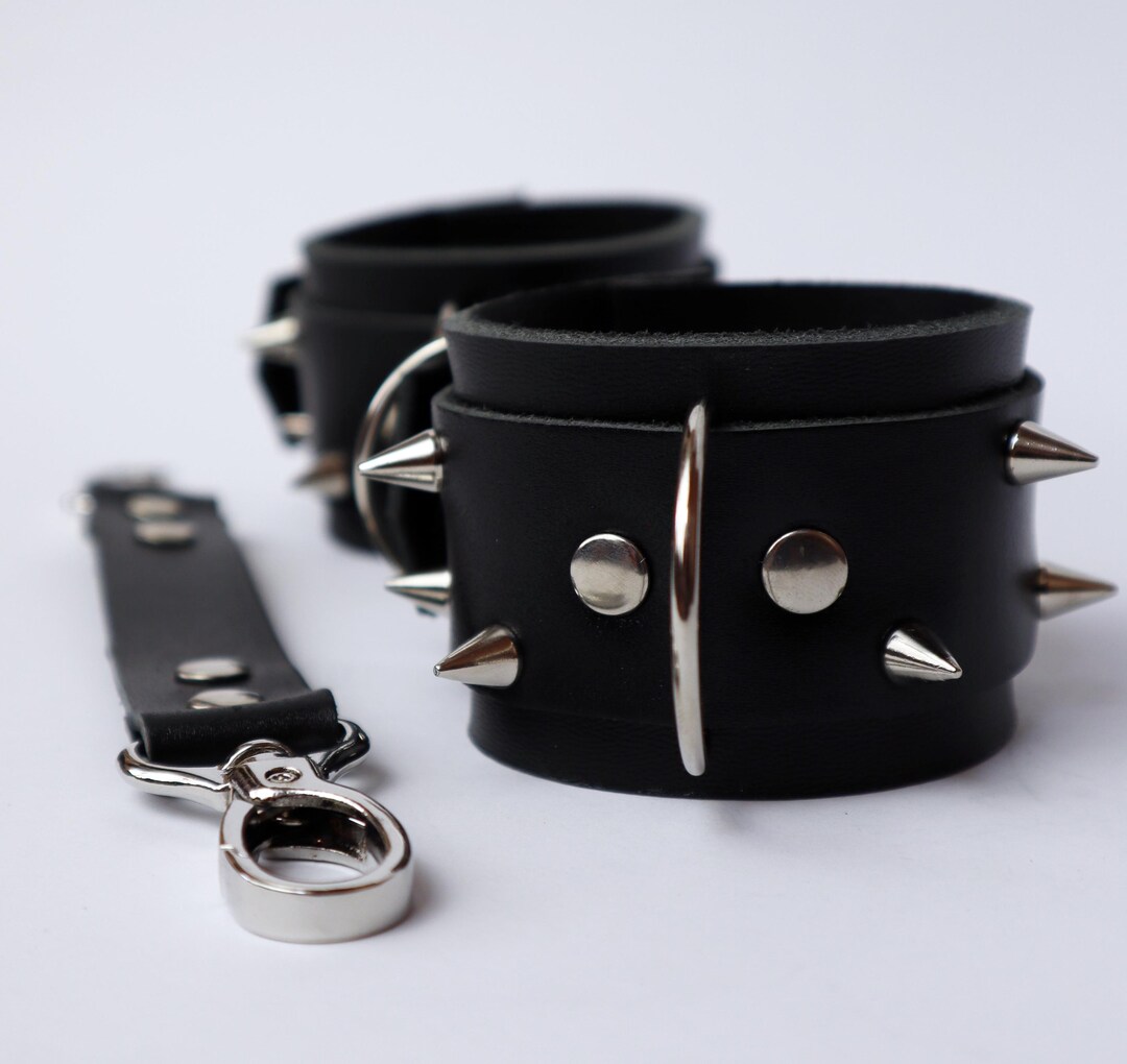 Spiked Leather Cuffs Black BDSM Restraints Dominatrix Fetish Submissive ...