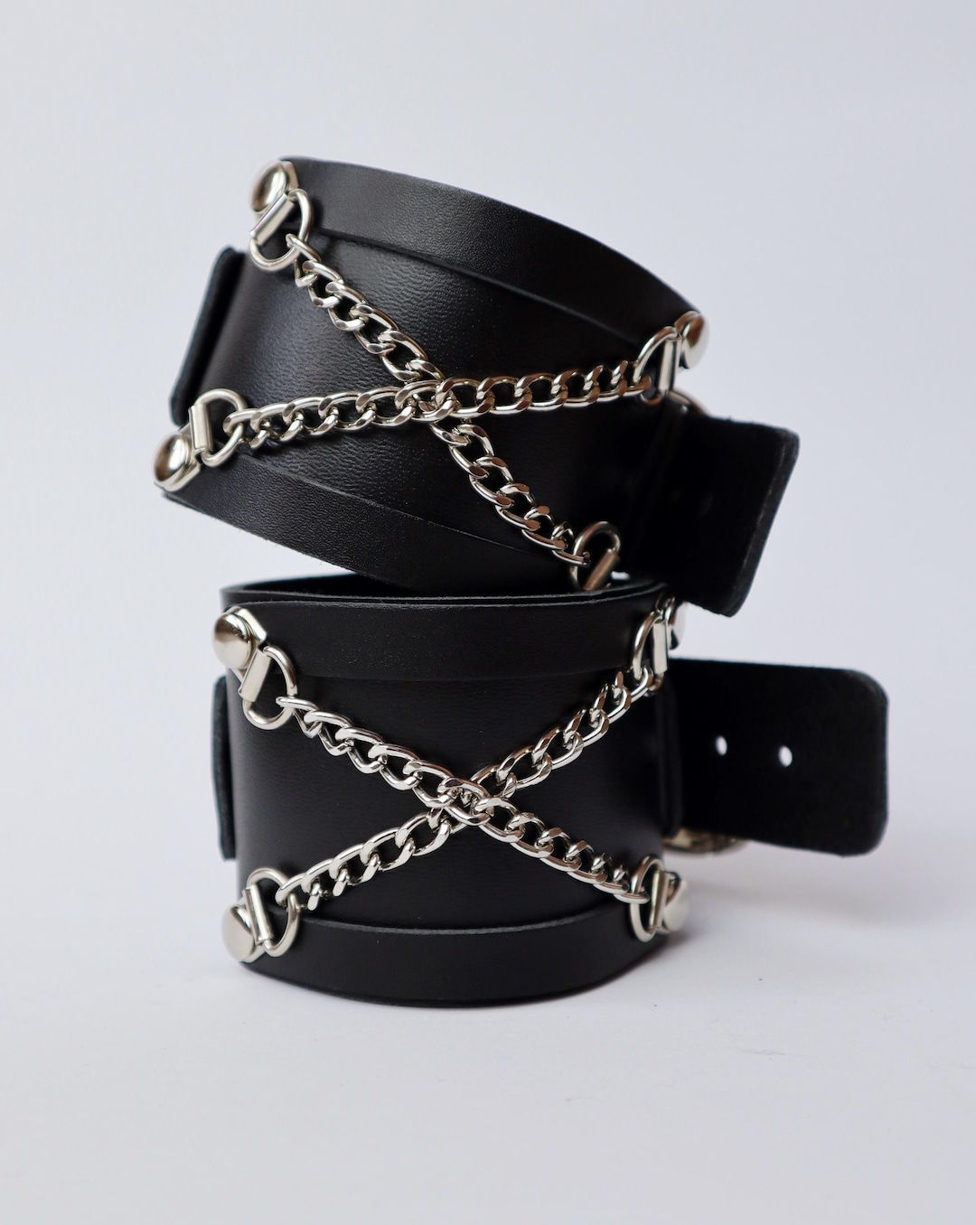 Leather Cuffs With Chains Black BDSM Restraints Dominatrix Fetish ...