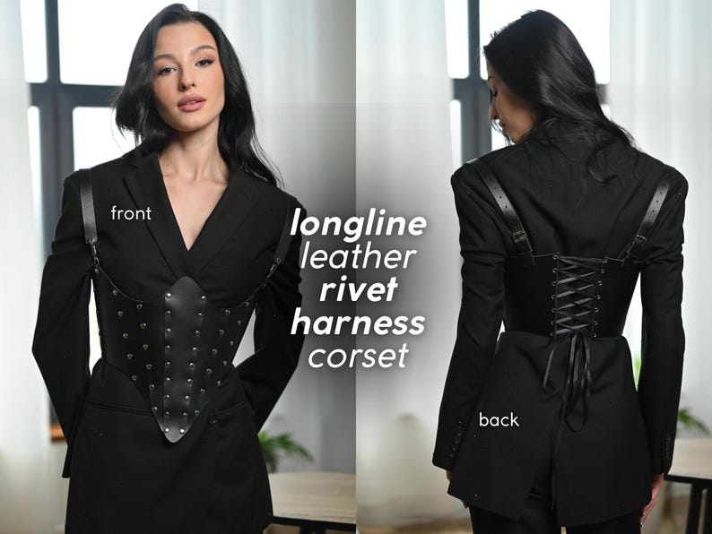 Steampunk Leather Corset With Rivets Longline Top - Gothic Harness Belt ...