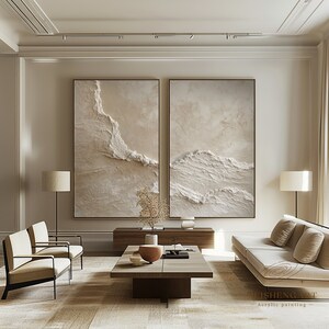 2er Set Abstrakte Abstrakte Malerei 3D Strukturierte Ozeanwellen Wabi Sabi Wandkunst Große Beige ...