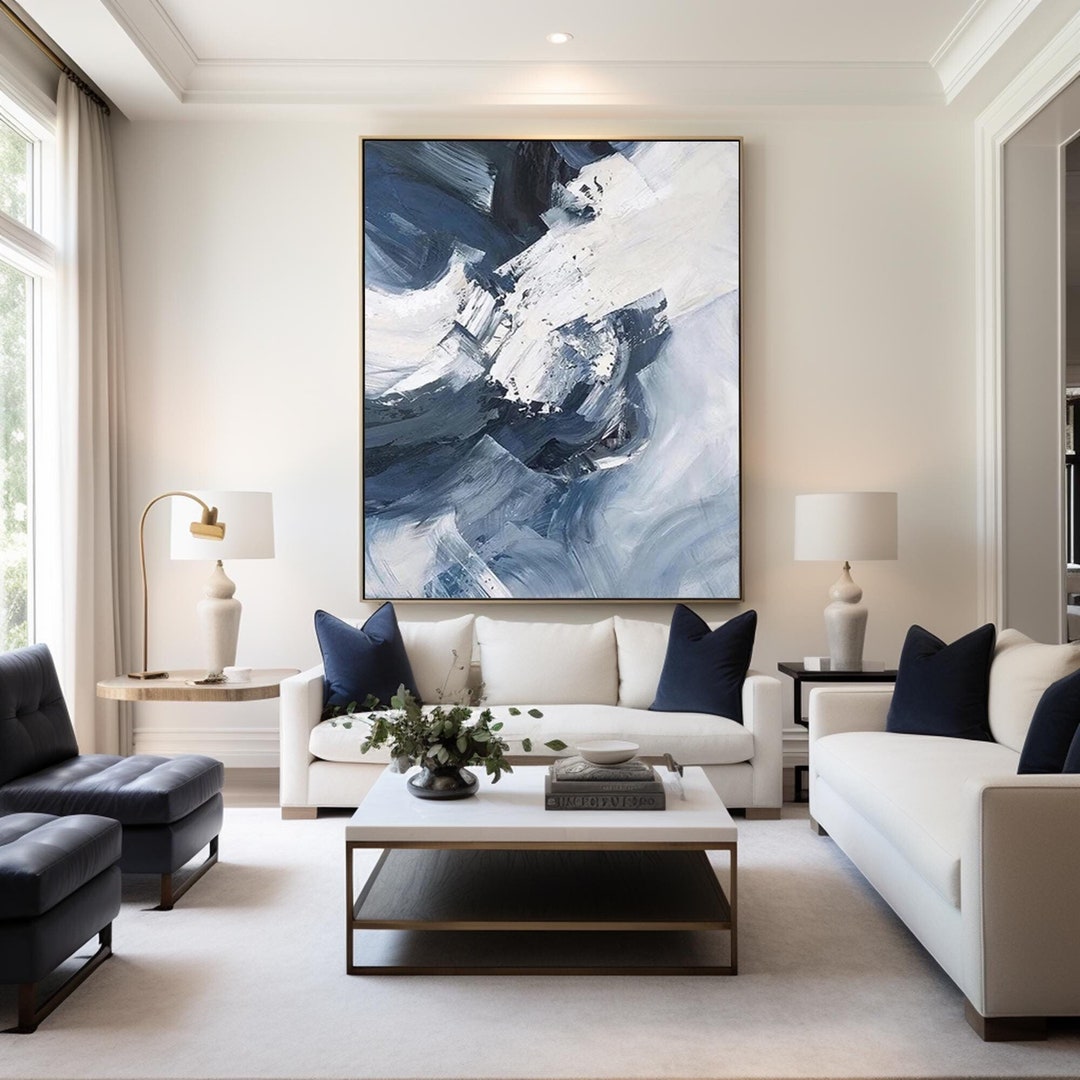 Original Navy Blue Abstract Painting Large Navy Blue Textured Art Brush ...
