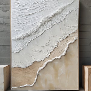 3D White Minimalist Beach Painting Textured Wall Art Ocean Wave Painting on Canvas Wabi-sabi ...