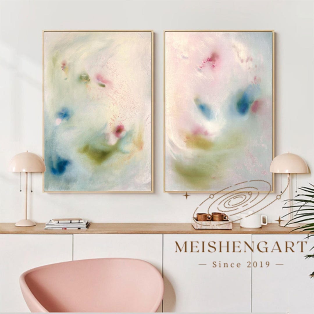 Set of 2 Abstract Painings Light Beige &pink Abstract Painting Bright ...