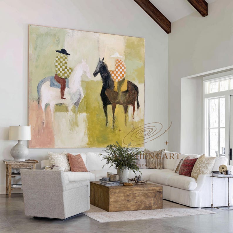 2 Cowboys and Horse Abstract Painting Green Minimalist Western Canvas ...