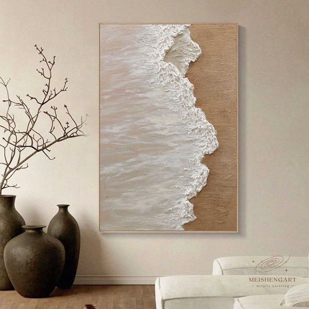 Large Beige 3D Texture Painting Ocean Waves Painting Minimalist Art ...