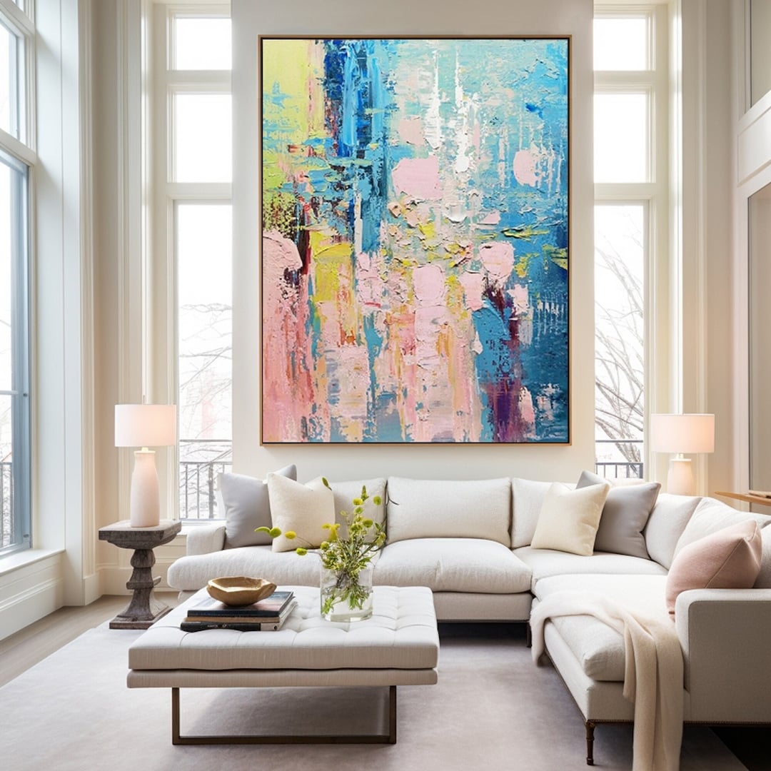 Large Colorful Textured Abstract Painting Pink & Blue Painting Bright ...