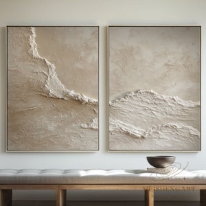 2er Set Abstrakte Abstrakte Malerei 3D Strukturierte Ozeanwellen Wabi Sabi Wandkunst Große Beige ...