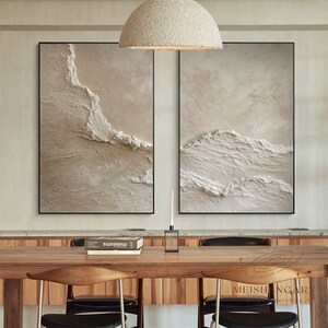 2er Set Abstrakte Abstrakte Malerei 3D Strukturierte Ozeanwellen Wabi Sabi Wandkunst Große Beige ...