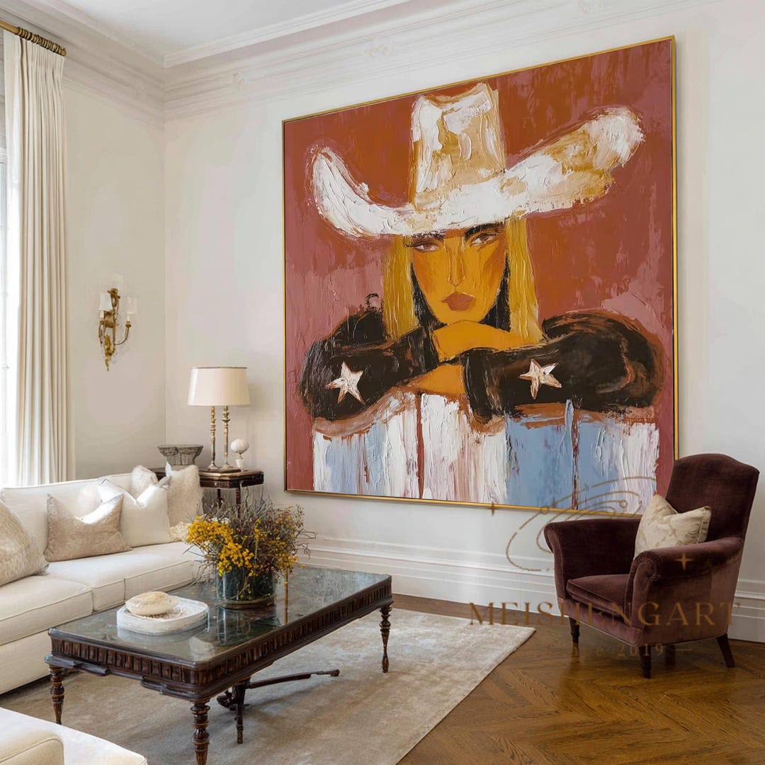 Cowgirl in Wide Brim Hat,impasto Star Jacket Painting,western Wall Art ...