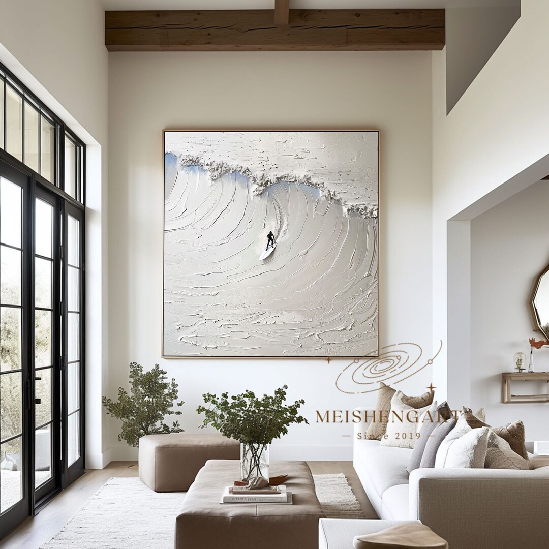 Large Original Surfer Abstract Painting White 3D Textured Painting ...