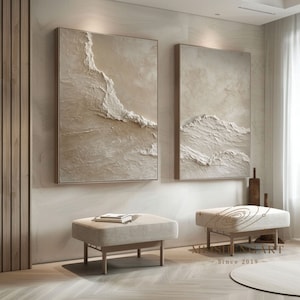 2er Set Abstrakte Abstrakte Malerei 3D Strukturierte Ozeanwellen Wabi Sabi Wandkunst Große Beige ...