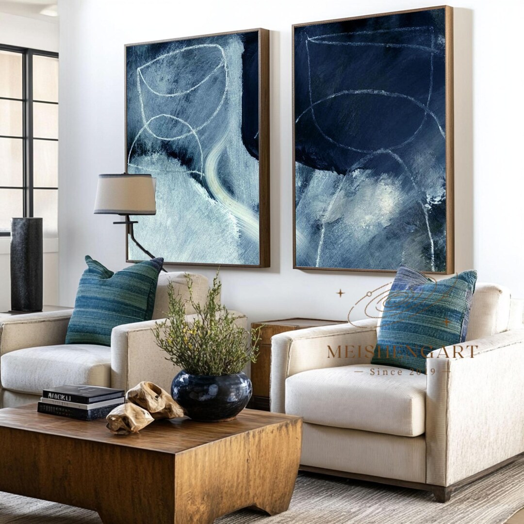 Royal Blue Abstract Painting Set of 2 Blue Abstract Paintings Green ...