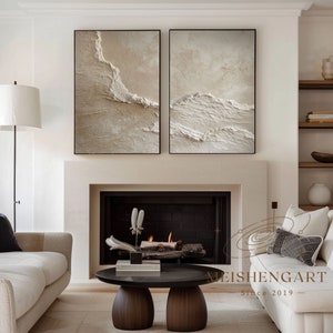 2er Set Abstrakte Abstrakte Malerei 3D Strukturierte Ozeanwellen Wabi Sabi Wandkunst Große Beige ...