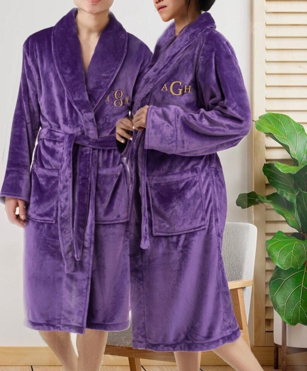 Matching Couples Robes Plush Short Bathrobe Purple Gift for His and Her ...