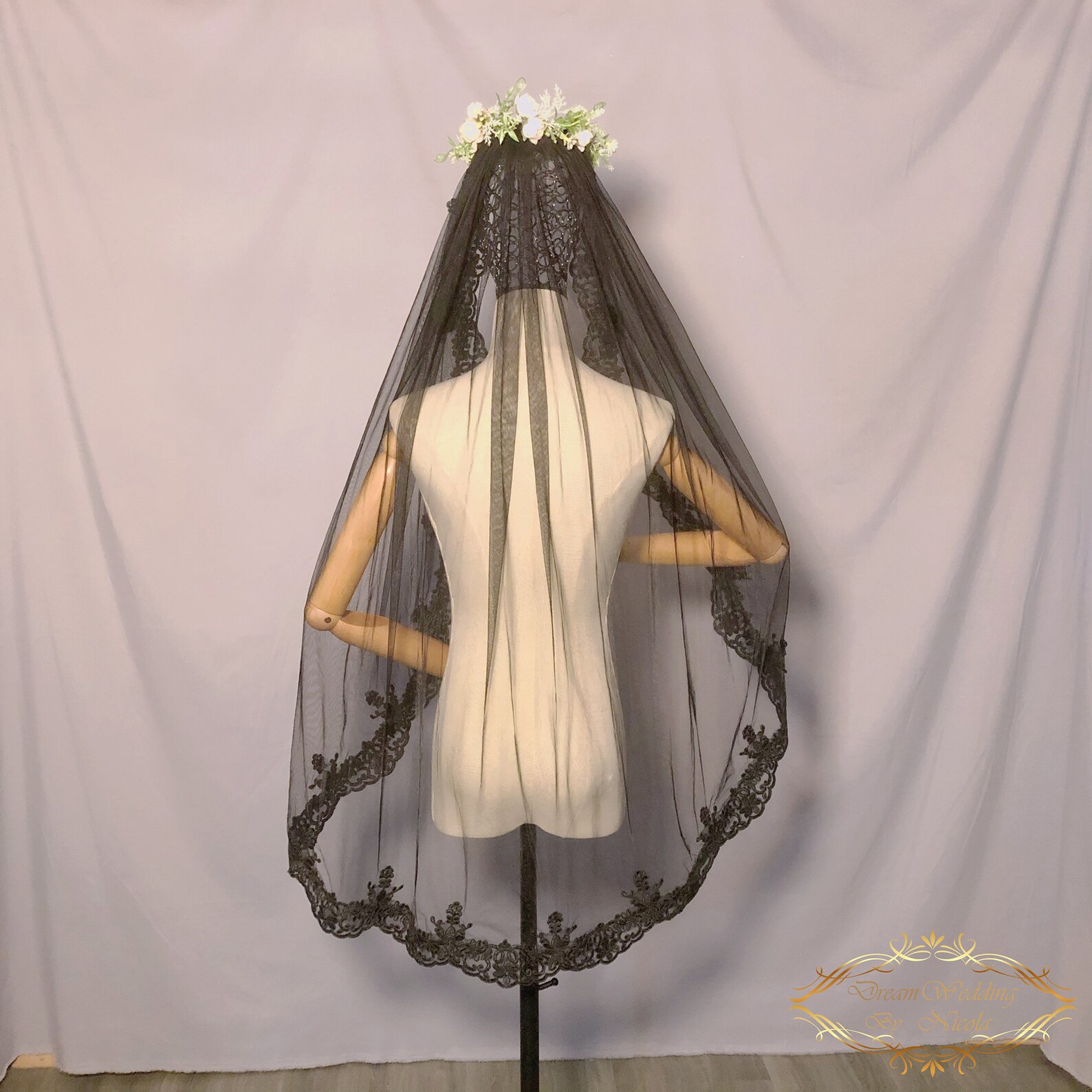 Black Lace Trim Wedding Veil Bride Single Layer Black Lace Veil ...