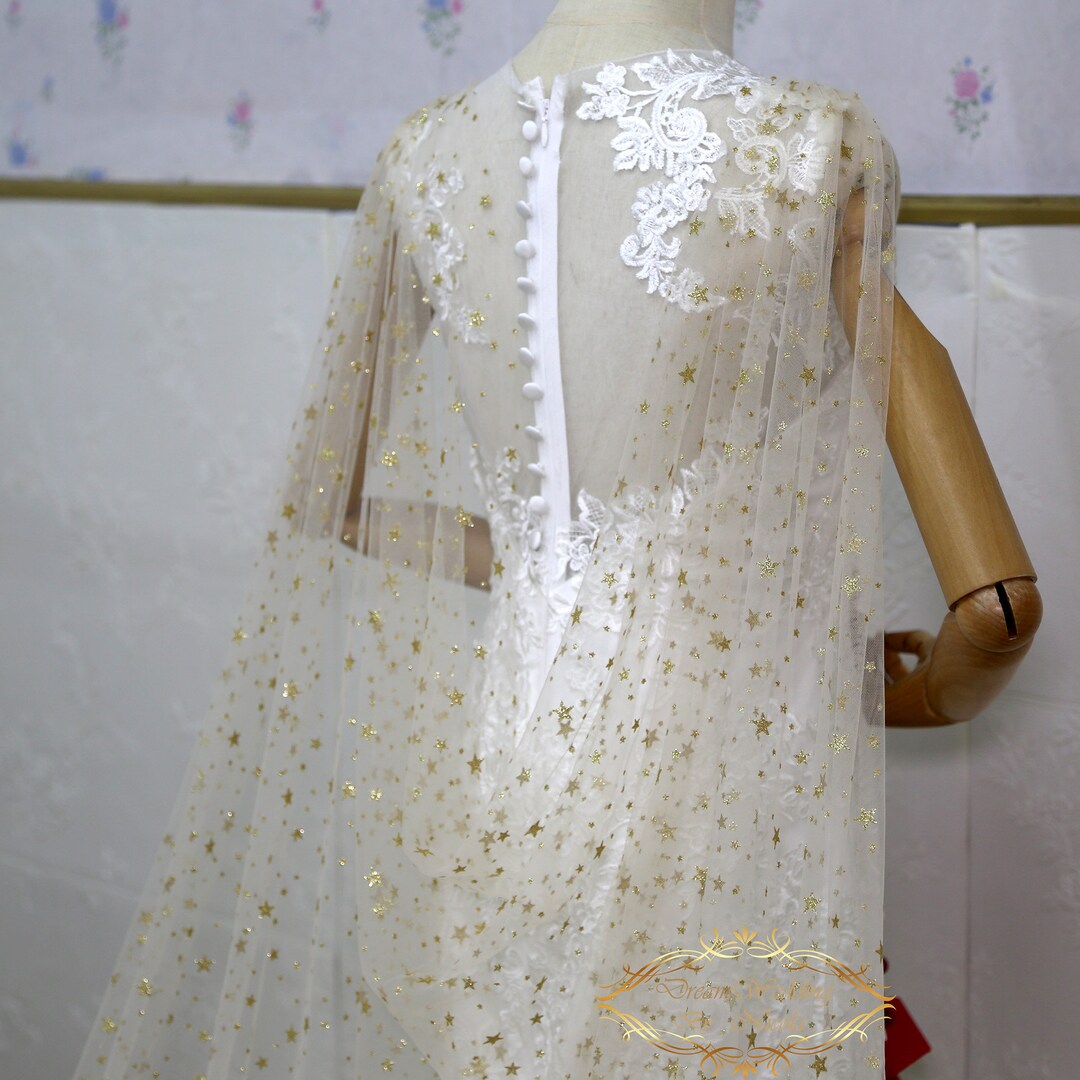 Sparkling Gold Star Champagne Wedding Cape,starlight Tulle With Glitter ...