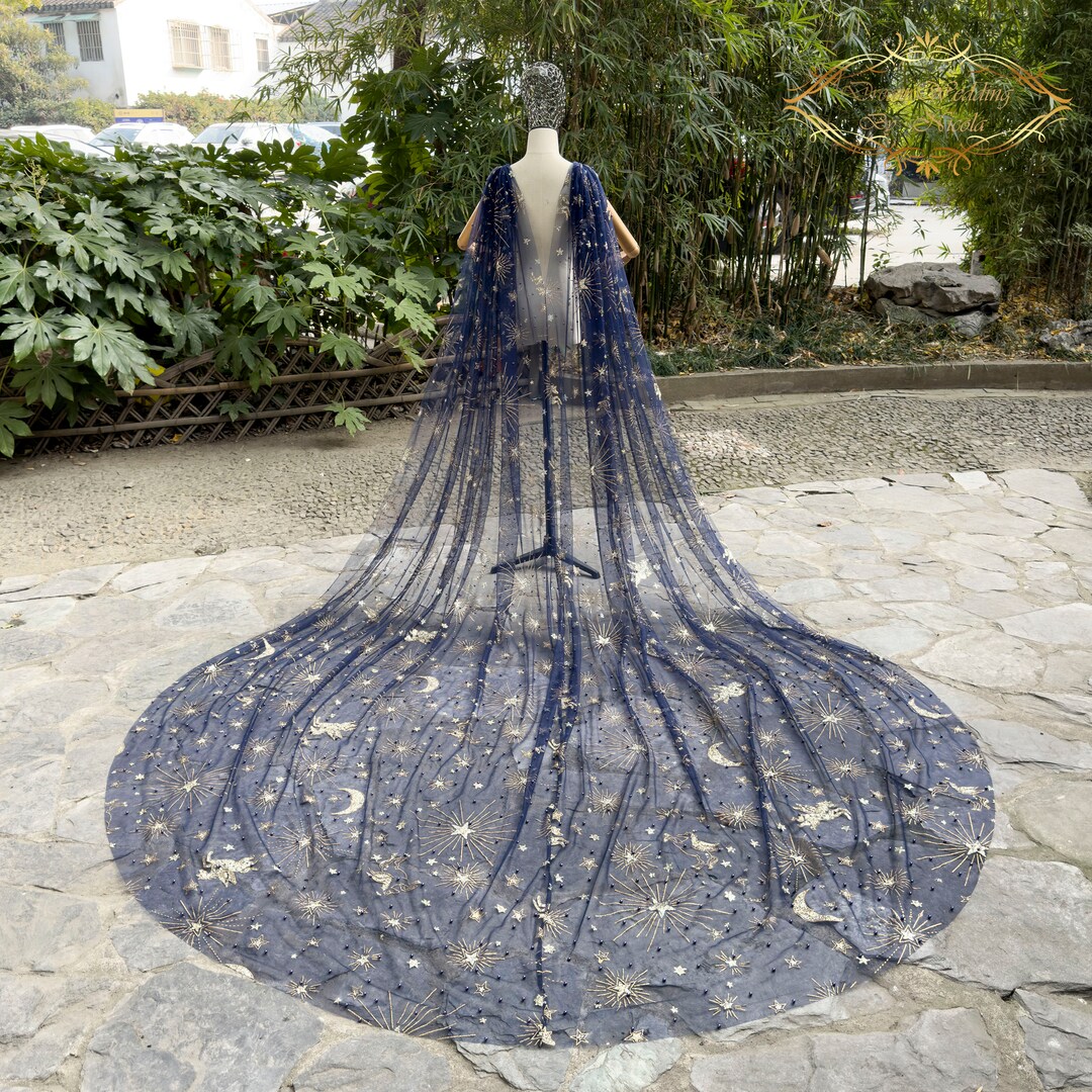 Enchanted Nights Navy Blue Pearl Cathedral Length Wedding Veil With ...
