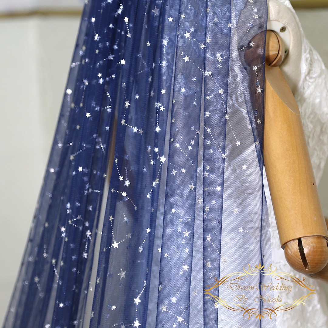 Navy Blue Wedding Veil: Silver Constellation Stars, Cathedral Length ...