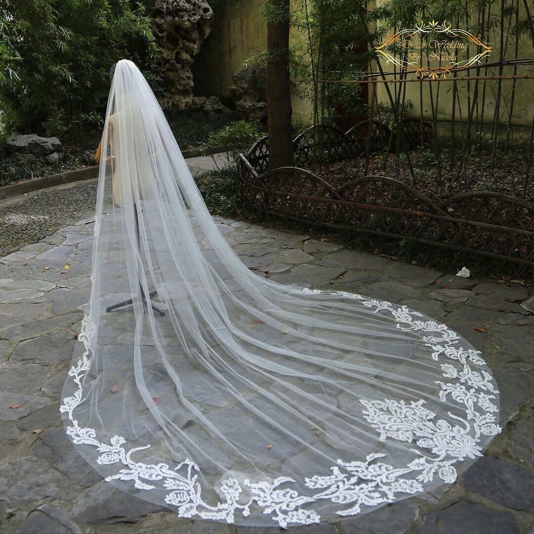 Edge Lace Cathedral Wedding Veil: Romantic Bridal Veil, Handmade - Etsy
