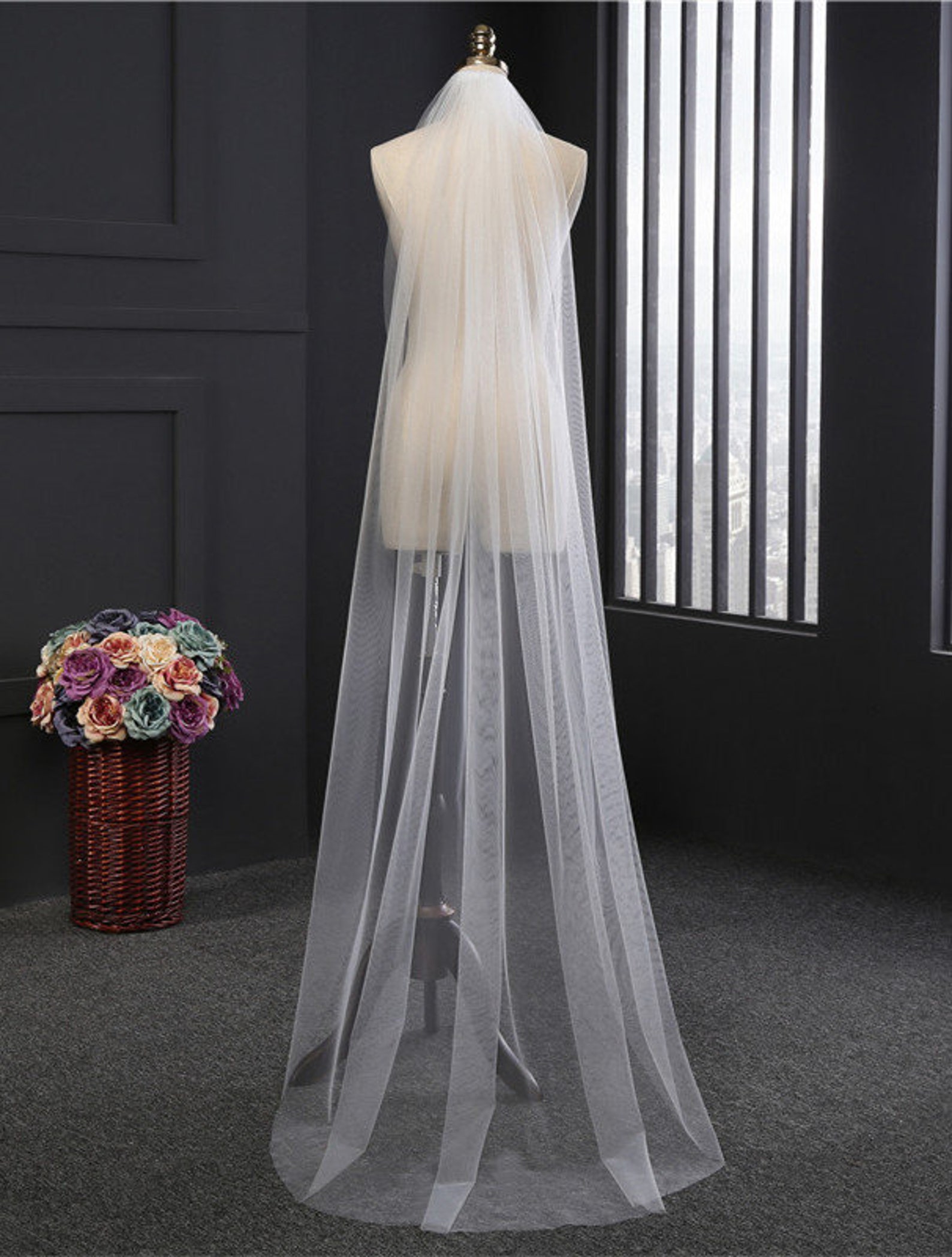 One Layer Floor Wedding Veil Ivory Veil Black Wedding Veil | Etsy