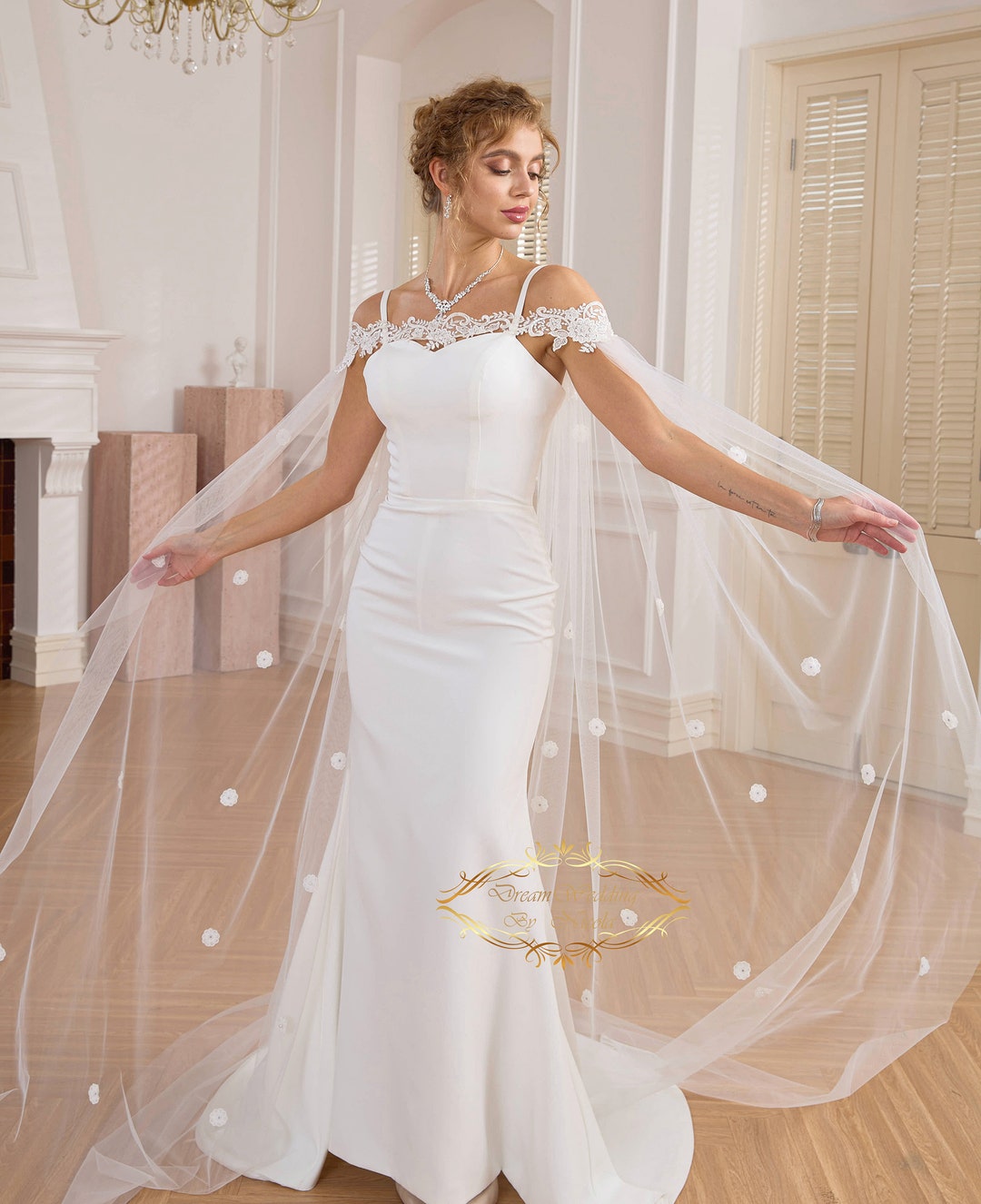 Exquisite Pearl Embroidered Lace Bridal Cape for Strapless Dress ...