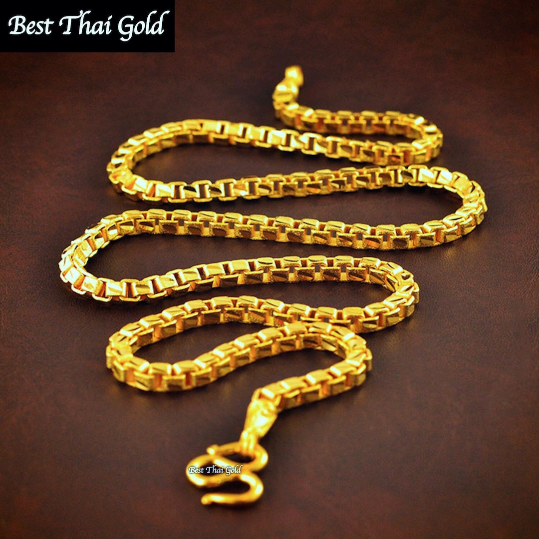 26 4mm box Chain thai Gold Necklace mens Necklace mens Jewelry baht Chain 24K Yellow Gold Plated amulet Buddha Necklace birthday Gift Etsy