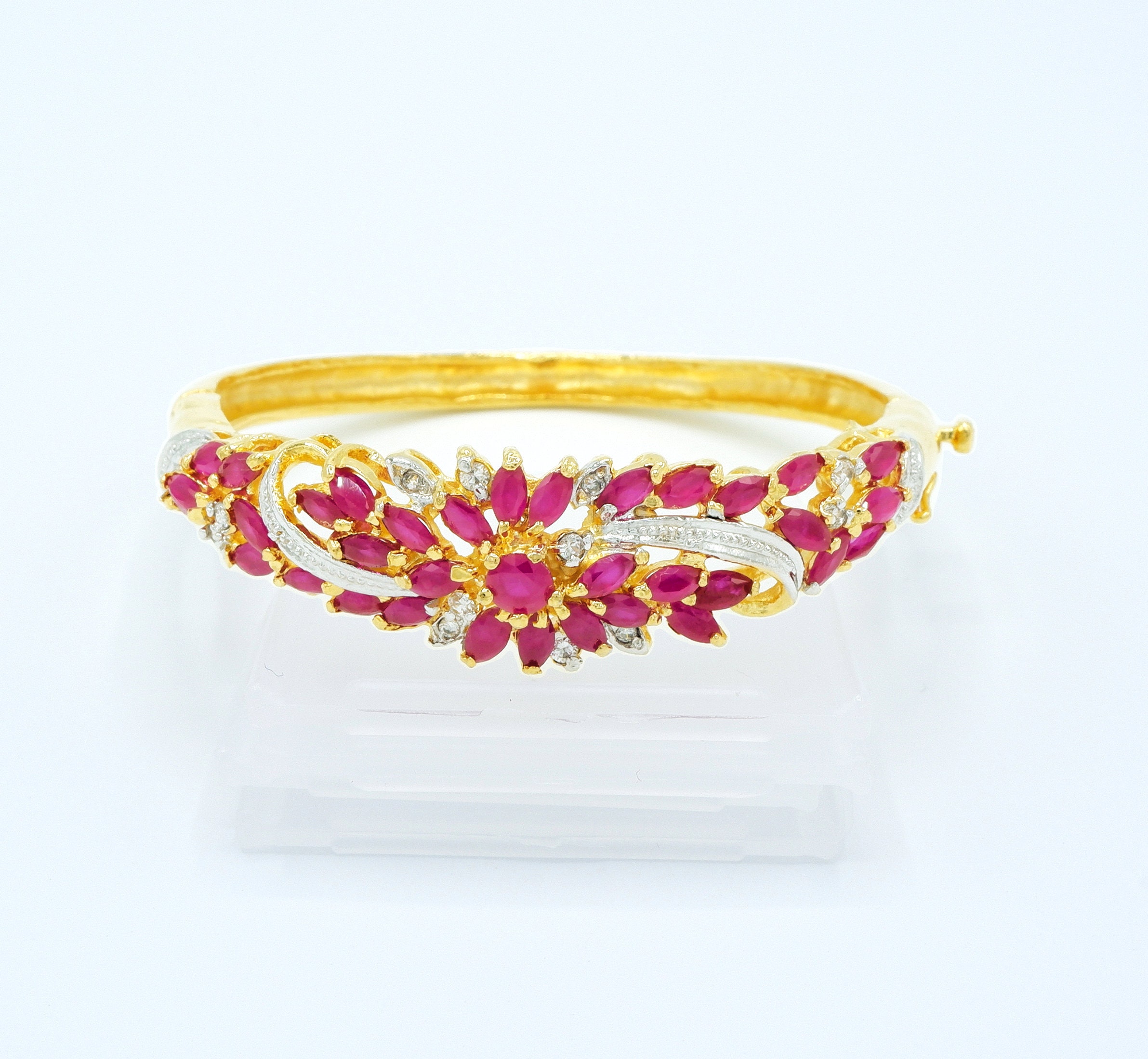 Pink Flower Ruby Gold Bangle Bracelet Womenthailand - Etsy