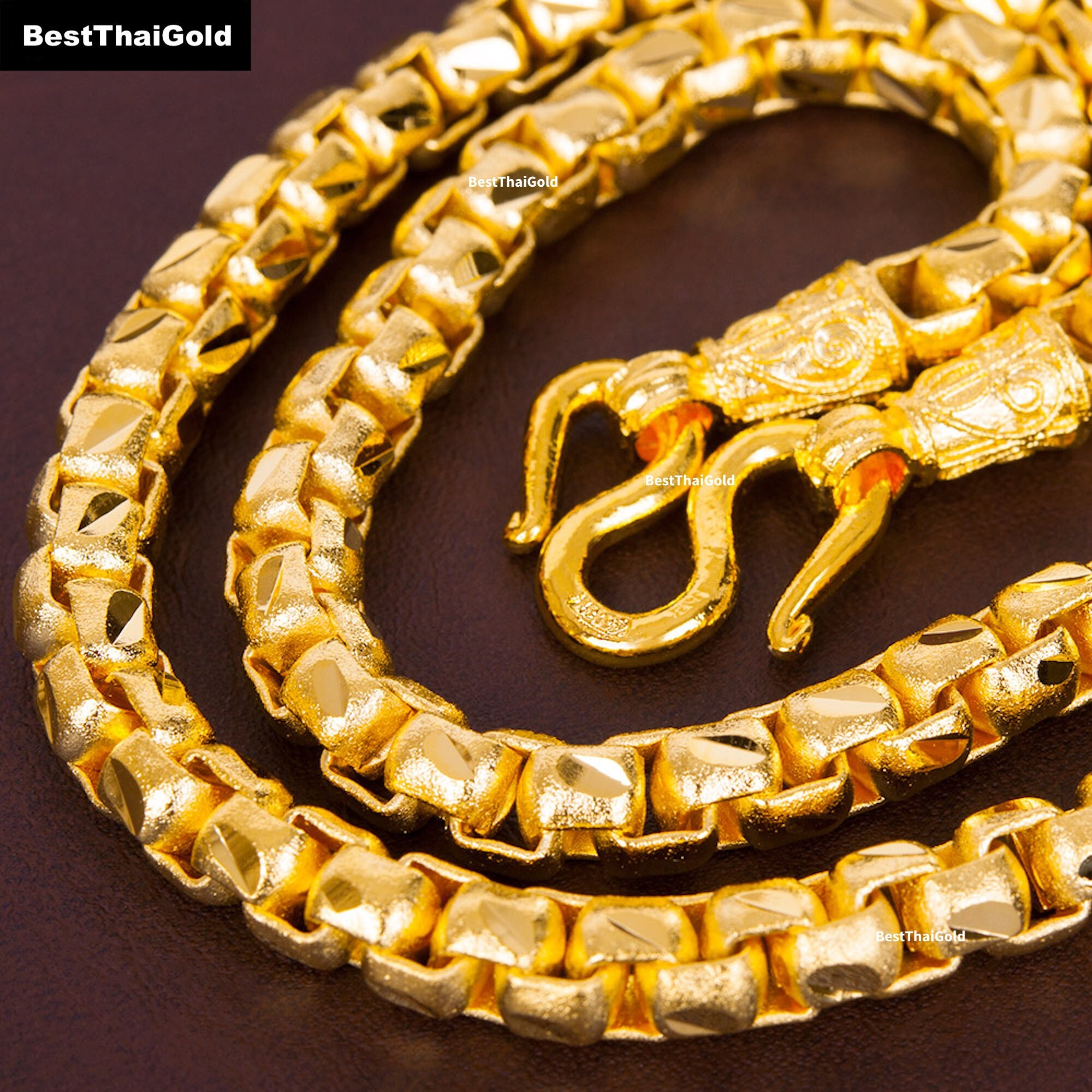 24K Gold Plated Sand Matted Box Chain Necklace: Handmade Thai Jewelry ...