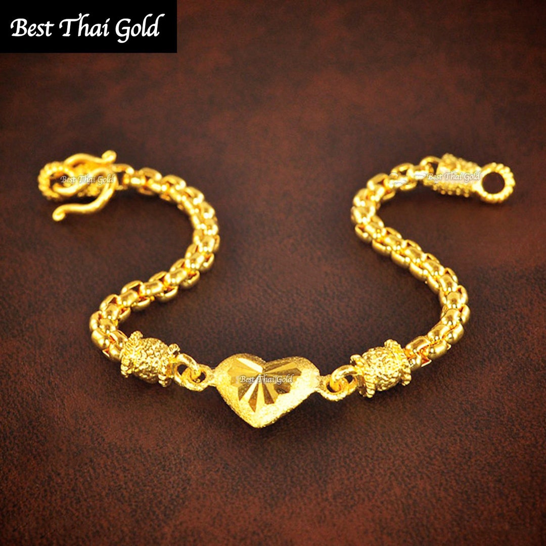 Heart Gold Bangle Bracelet,baht Chain 22K 23K 24K Yellow Gold Plated ...