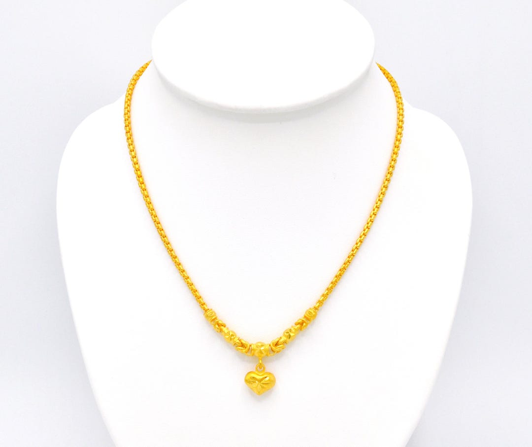 18",thai Gold Jewelry,heart Charm Necklace,baht Chain 22K 24K Yellow ...