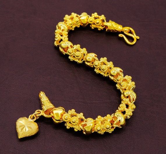 PIKUN Flower Gold Chain Bangle Bracelet heart Charm Bracelet 22k 23K 24K Yellow Gold Plated Bracelet thai Jewelry baht Gold Chain birthday Etsy
