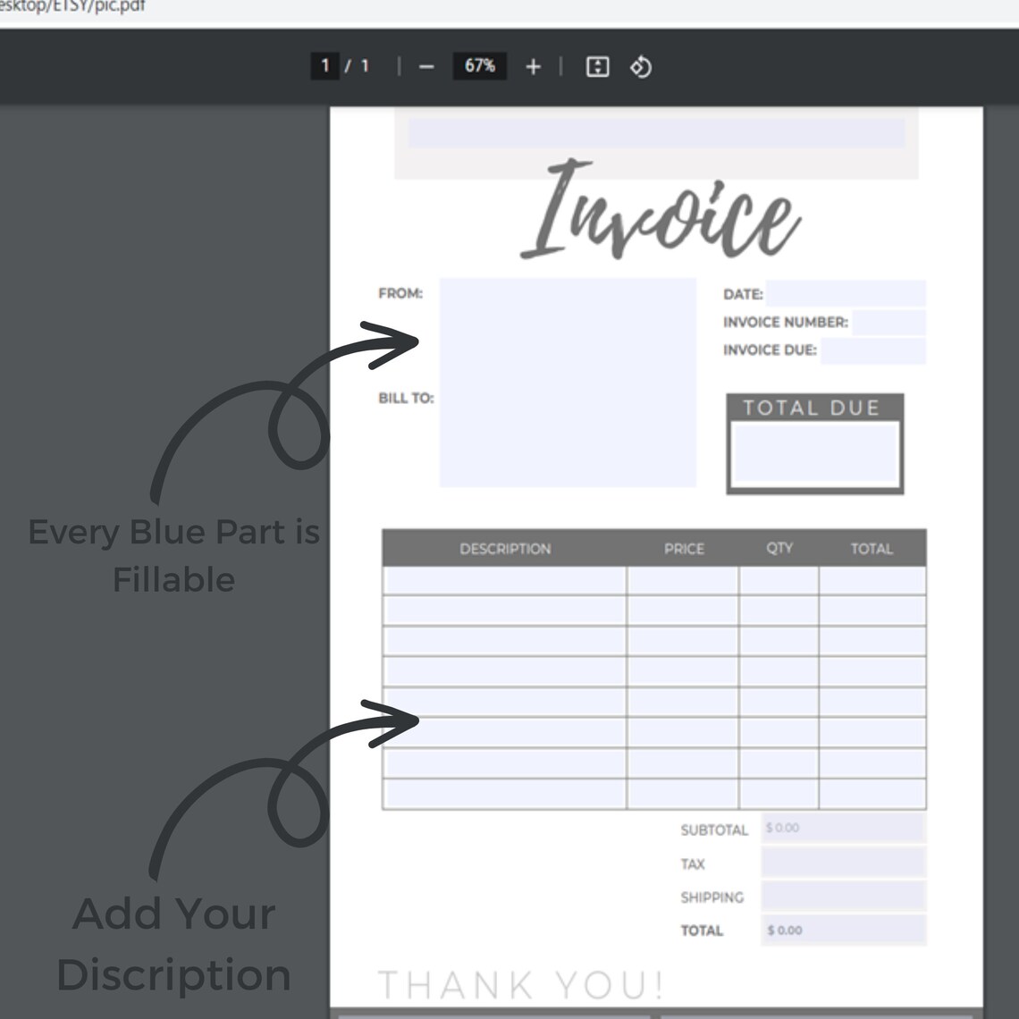 Invoice Template Printable and Editable Invoice PDF WORD Custom Order ...