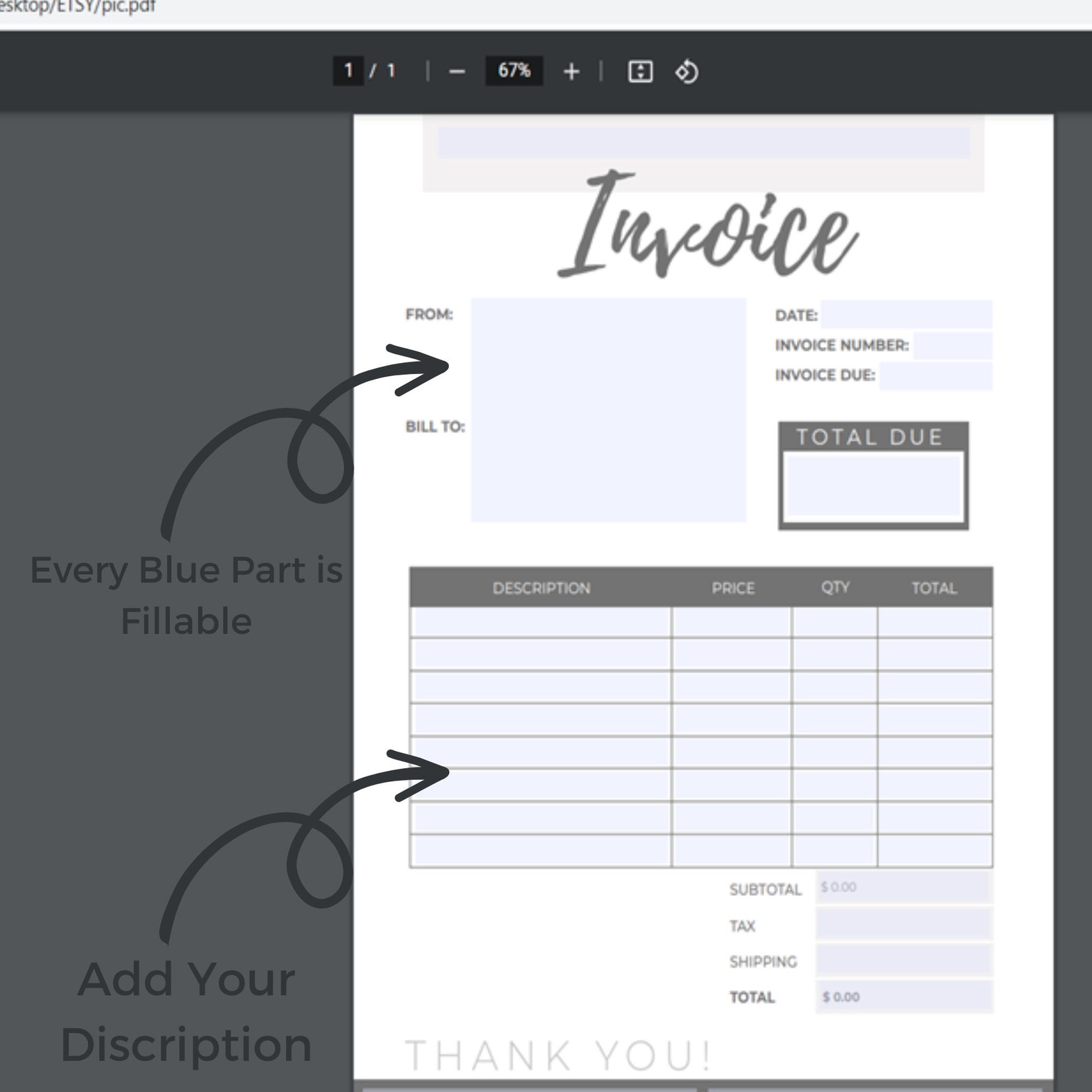 Invoice Template Printable and Editable Invoice PDF WORD Custom Order ...