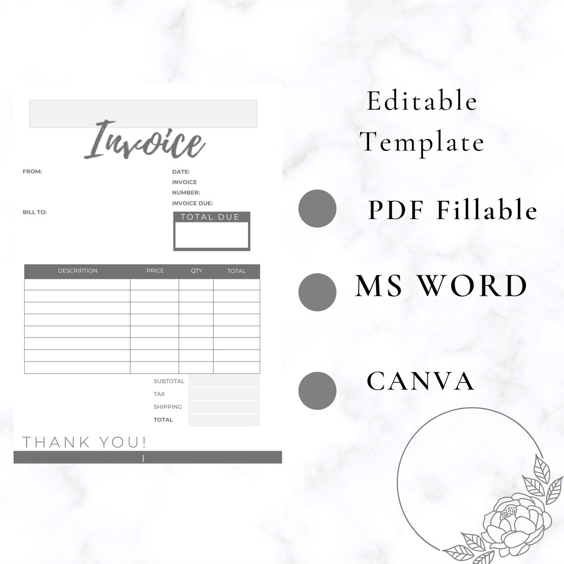 Invoice Template Printable and Editable Invoice PDF WORD Custom Order ...