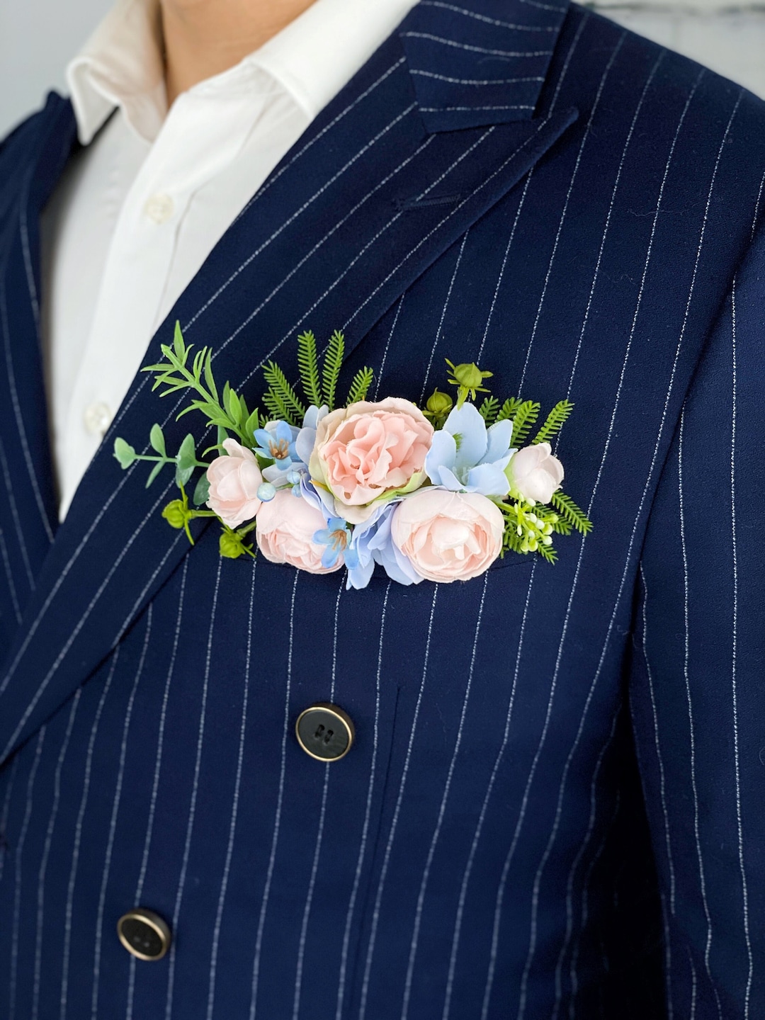 Blush Pink and Blue Pocket Boutonniere for Men, Stylish Boutonniere for ...