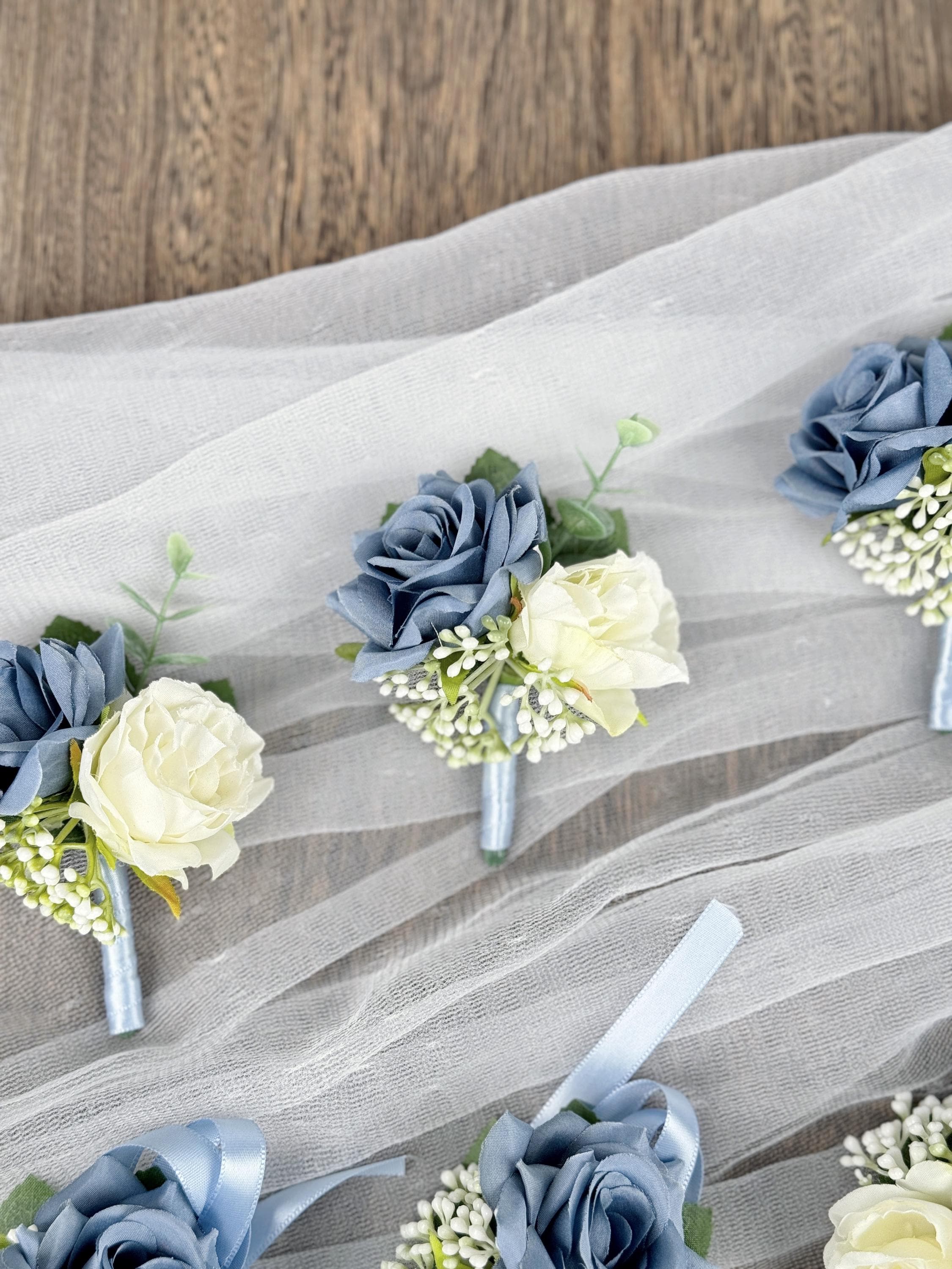Dusty Blue Boutonniere for Men, Dusty Blue Wrist Corsage for Bridesmaid ...