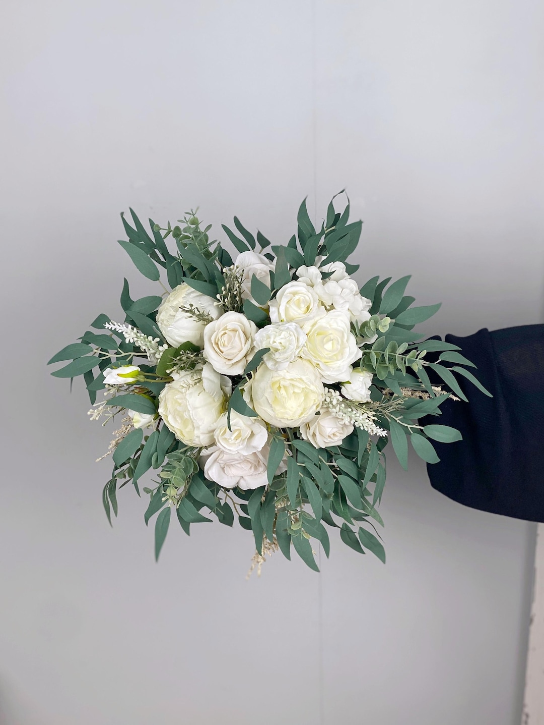 White and Sage Green Bridal Bouquet, White Bridesmaid Bouquet, Boho ...
