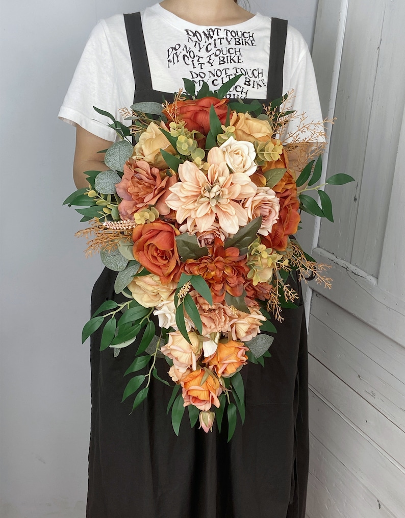 Terracotta, Rust Orange Cascading Bridal Bouquet, Teardrop Bouquet ...