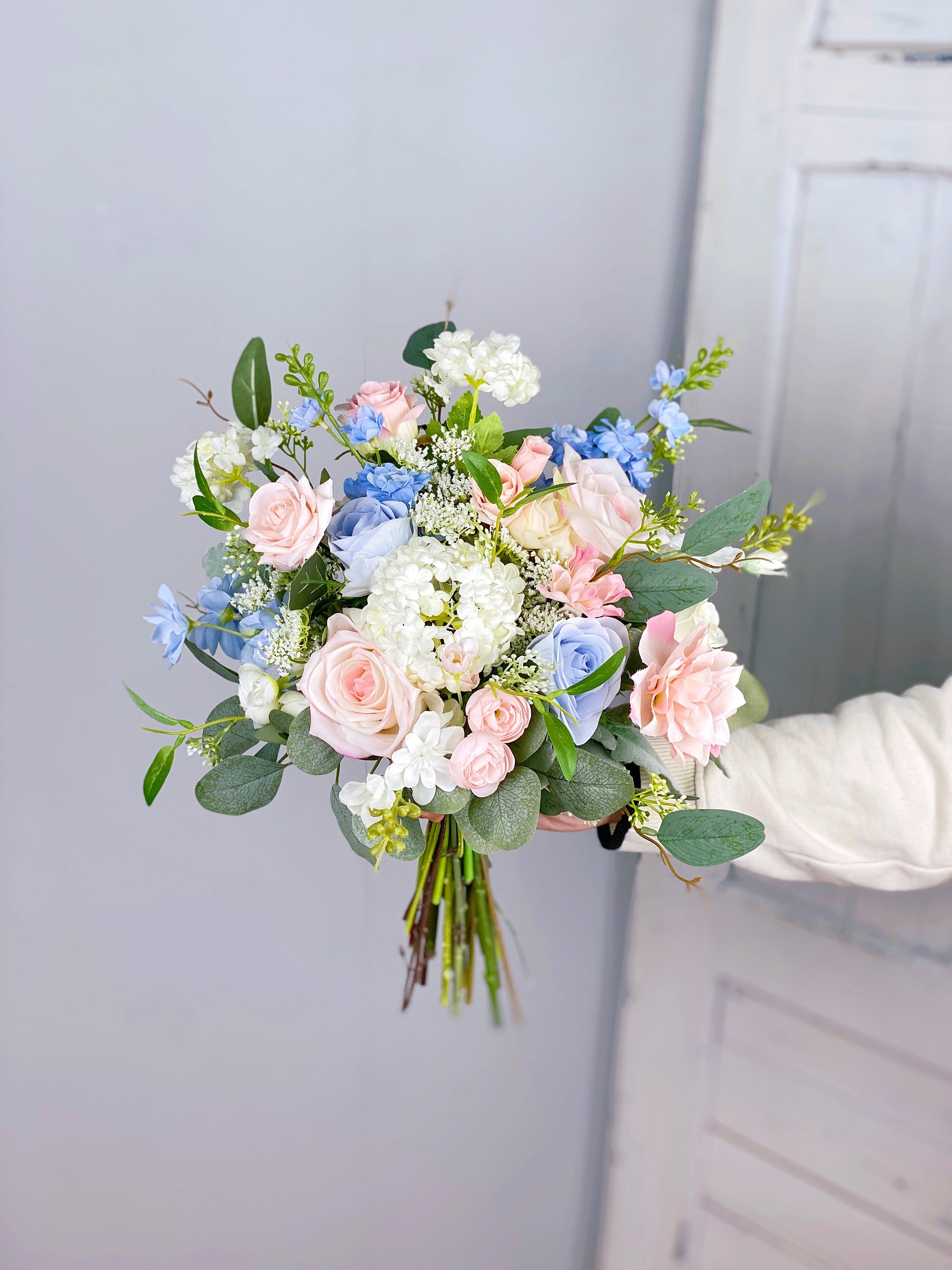 Boho Bridal Bouquet, Blush Pink and Blue Wedding Bouquet, Wedding ...
