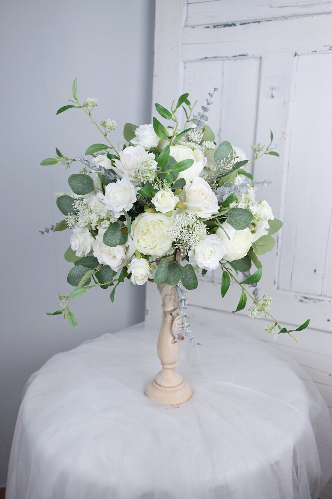 White and Sage Green Wedding Table Arrangement, Guest Table Flower Ball ...